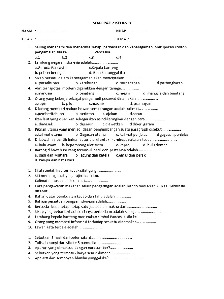 Soal Pat 2 Kelas 3 | PDF