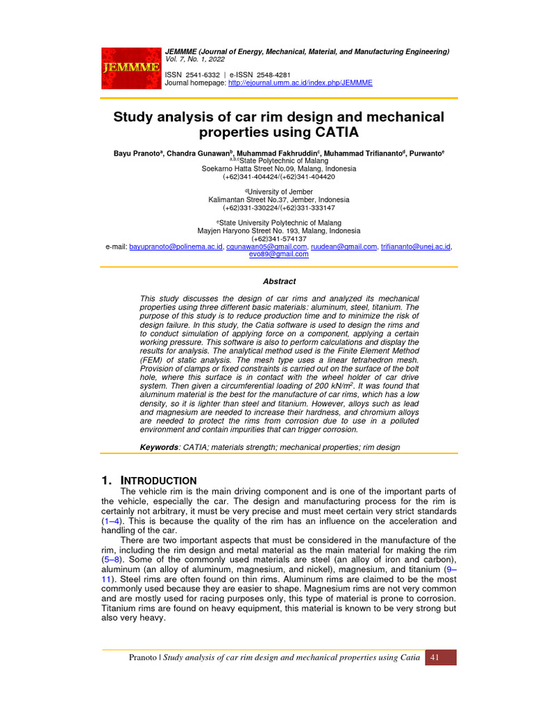 Study Analysis of Car Rim Design and Mechanical Properties Using CATIA ...