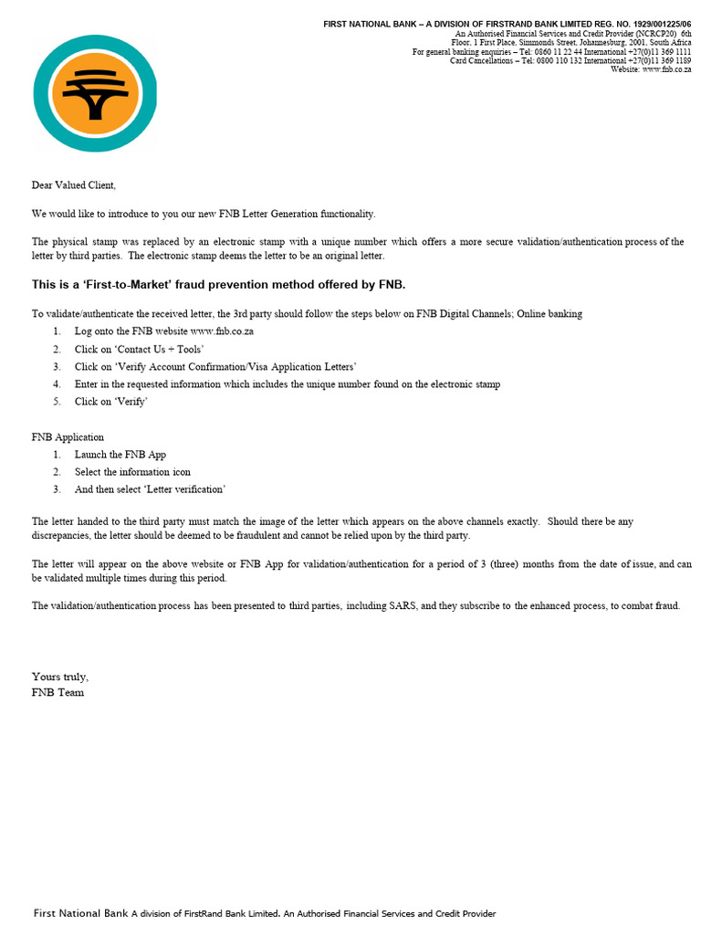 FNB Account Confirmation Letter | PDF | Authentication | Visa Inc.