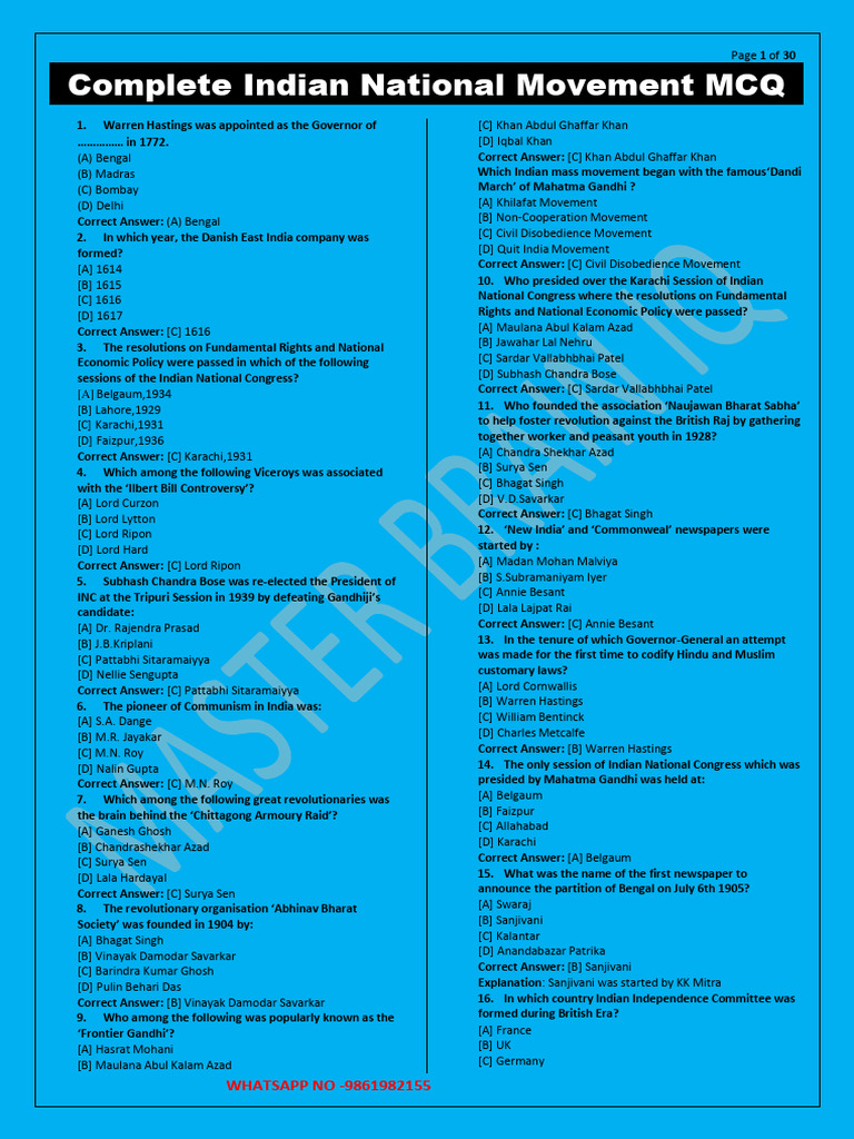 500+ MCQ - Indian National Movement (By Master Brain Iq) | PDF | Indian ...