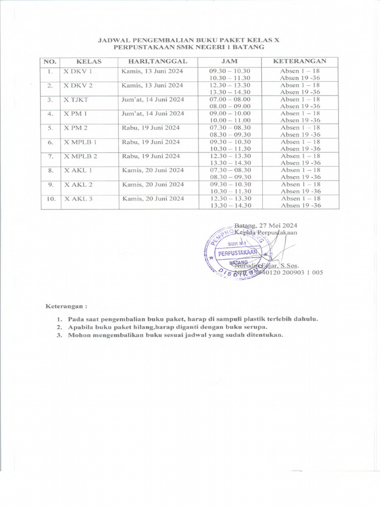 Jadwal Pengembalian Buku Perpus (X-XI) | PDF