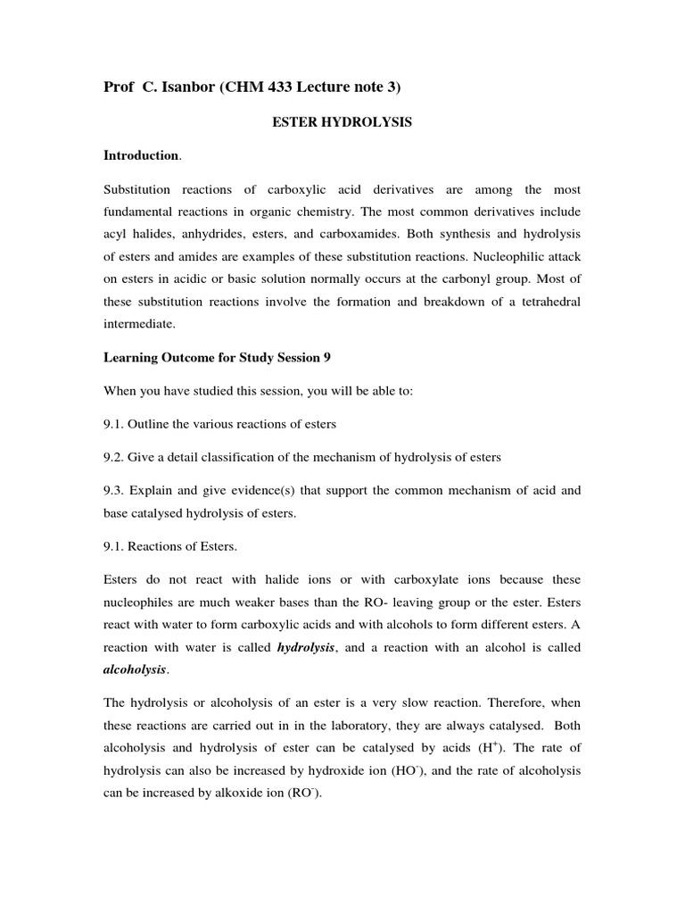Ester Hydrolysis Pdf Ester Chemical Reactions