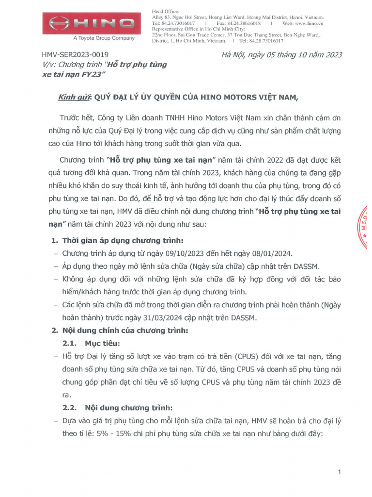 Công Văn Chương Trình H TR PH Tùng Xe Tai N N FY23 | PDF