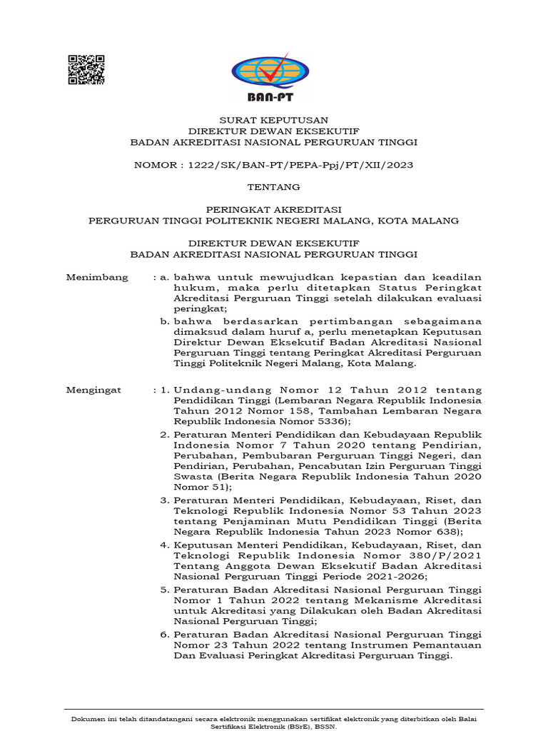 SK Akreditasi Institusi Polinema 2023 - 2028 | PDF