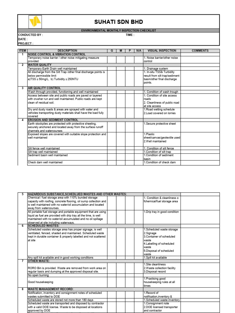 Environmental Weekly Inspection Checklist | PDF | Occupational Safety ...