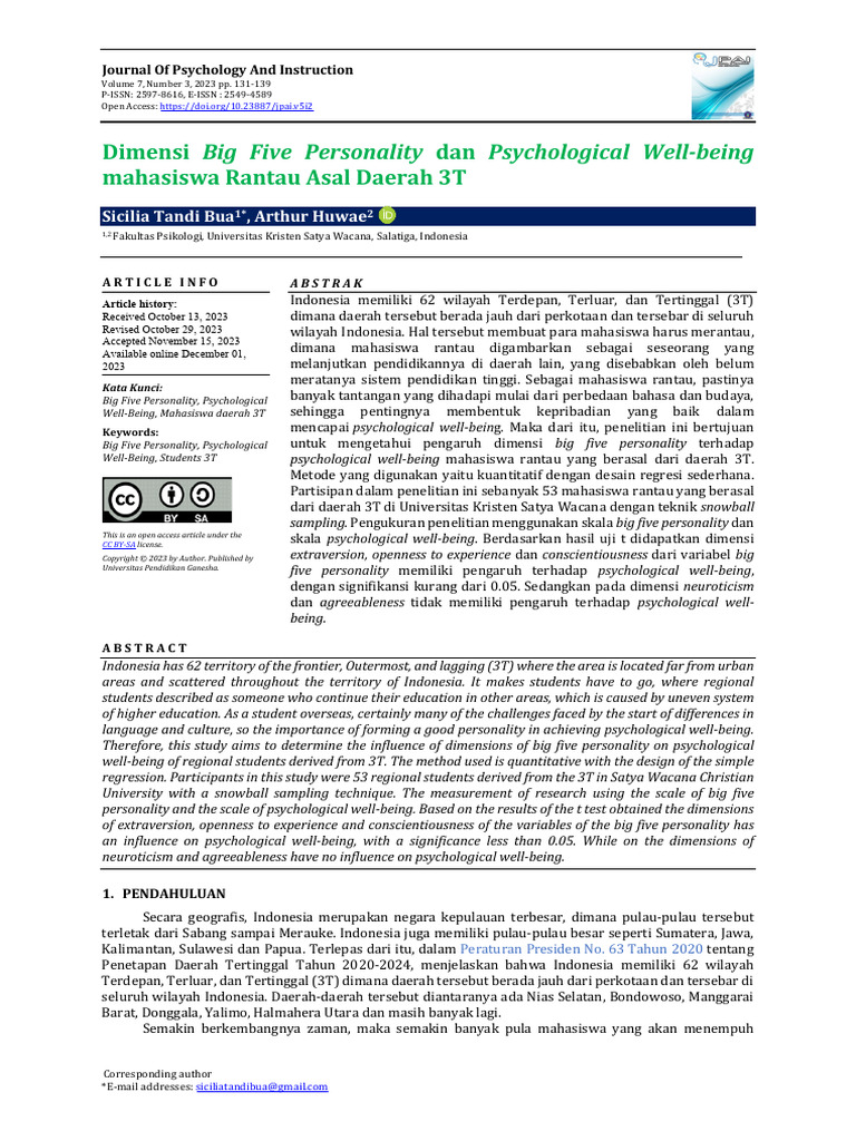 Dimensi Big Five Personality Dan Psychological Well-Being Mahasiswa Rantau Asal Daerah 3T | PDF