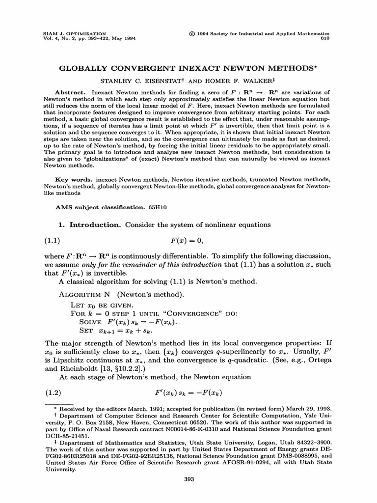 Global Inexact Newton, SIOPT 4,1994,393-422 | PDF | Mathematical Optimization | Applied Mathematics