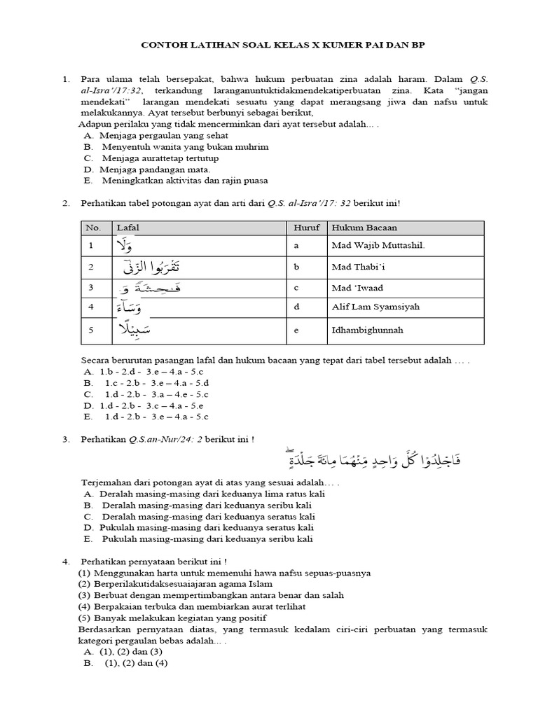 Contoh Latihan Soal Kelas X Kumer Pai Dan BP | PDF