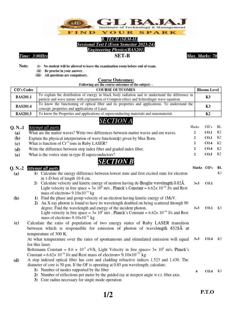 ST1 Set B N y Even 2023 24 | PDF | Electron | Optical Fiber