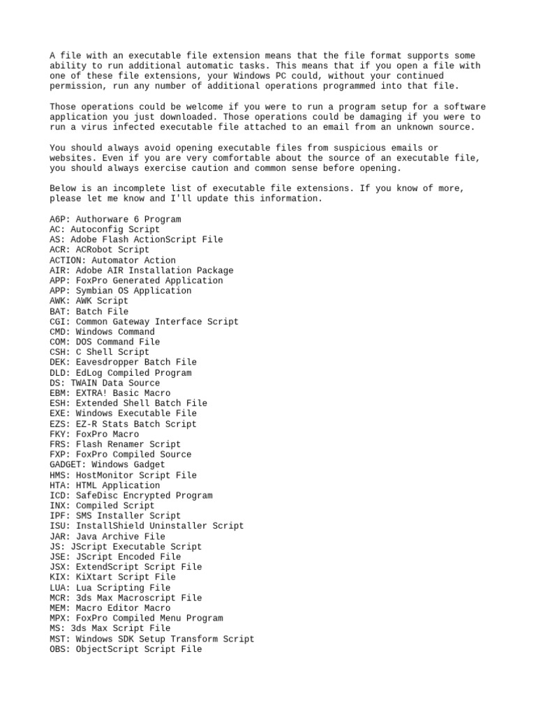 List Of Executible Extension File Download Free Pdf Scripting Language Microsoft Windows