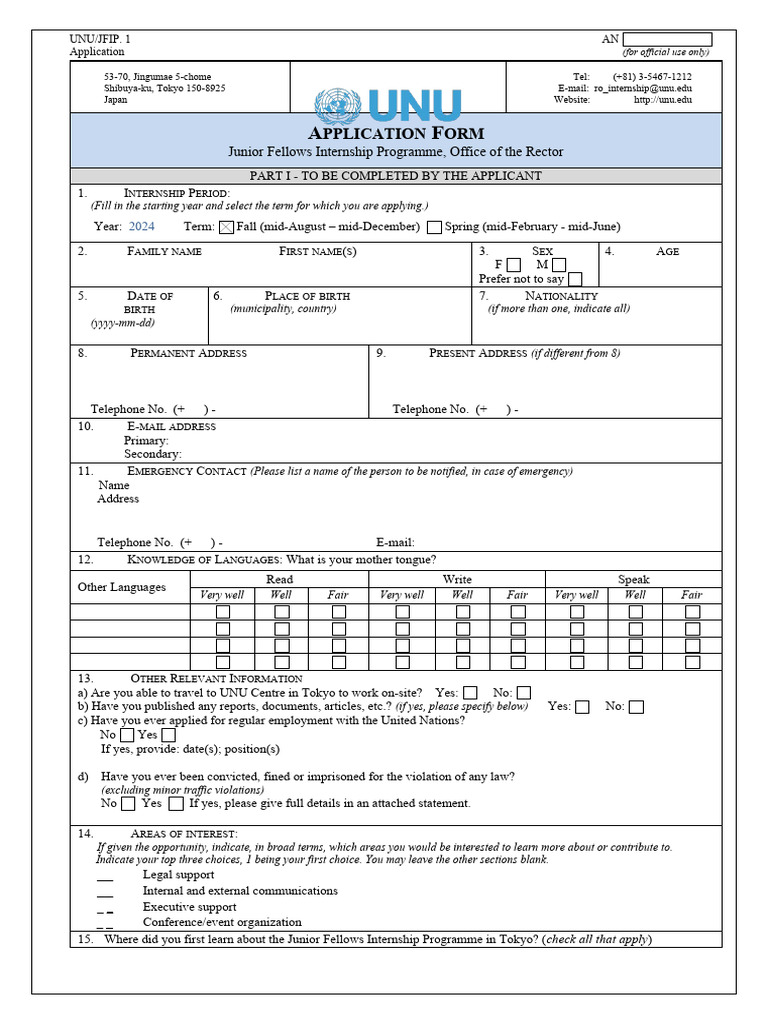 Application Form Junior Fellow Internship Programme - Fall 2024 | PDF ...