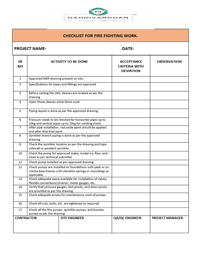 Checklist For Fire Fighting Work | PDF
