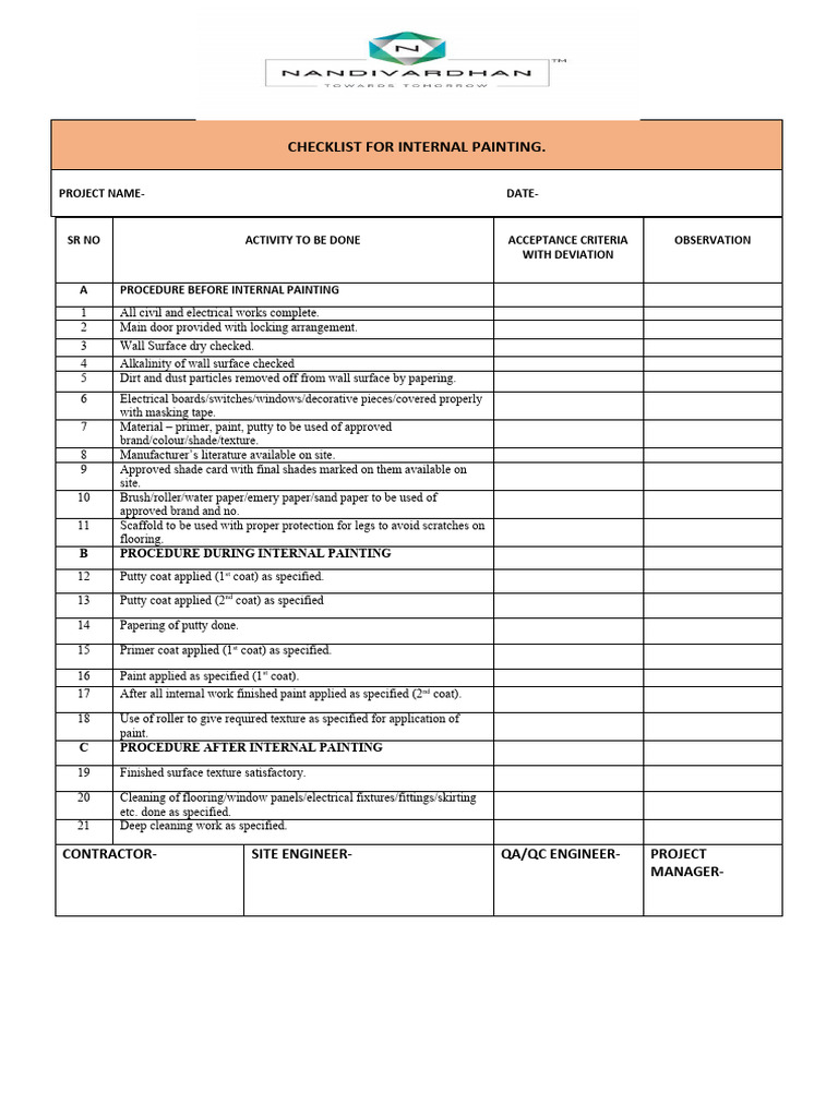 Checklist For Internal Painting | PDF