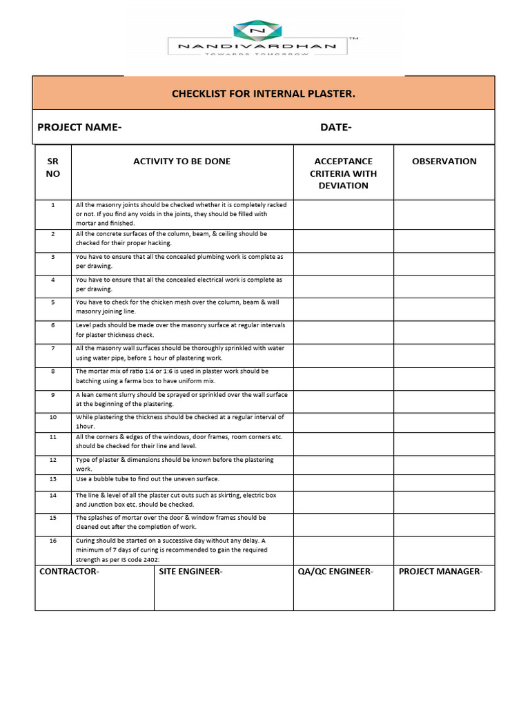 Checklist for Internal Plaster | Download Free PDF | Plaster | Masonry