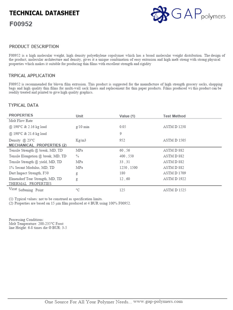 SABIC 952 HDPE Datasheet Overview | PDF
