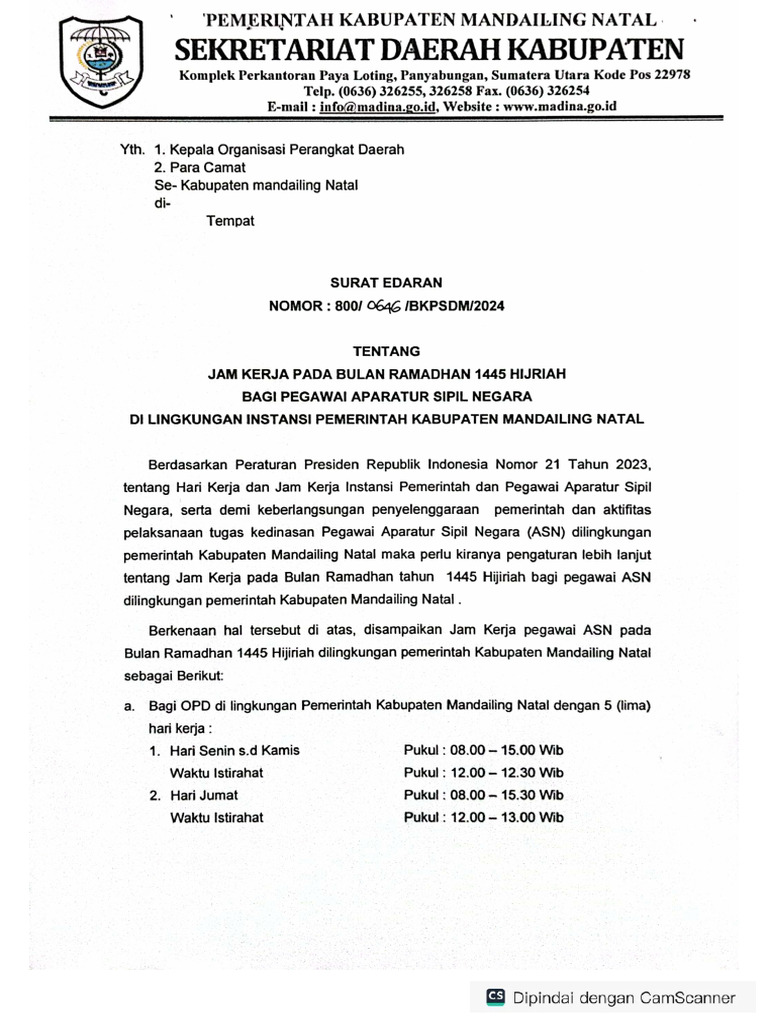 Surat Edaran Jam Kerja Pada Bulan Ramadhan 1445 Hijriah | PDF