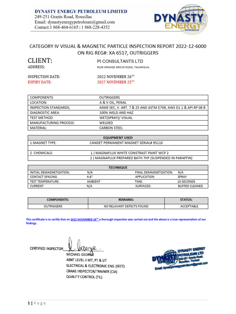 2022-12-6000-Inspection Report On Mpi For Outriggers | PDF
