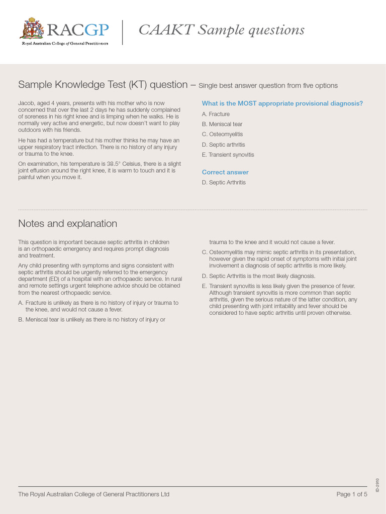 AGPT Sample CAAKT Questions | PDF | Human Diseases And Disorders | Health Care