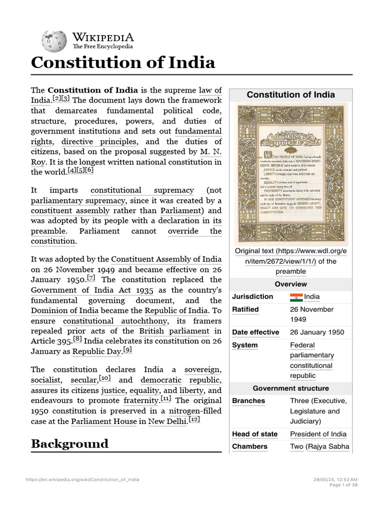 Overview of the Constitution of India | PDF | Constitutional Amendment ...