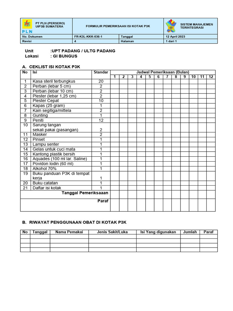 FR-K3L-KKK-010-1 Formulir Pemeliharaan Isi Kotak P3K | PDF
