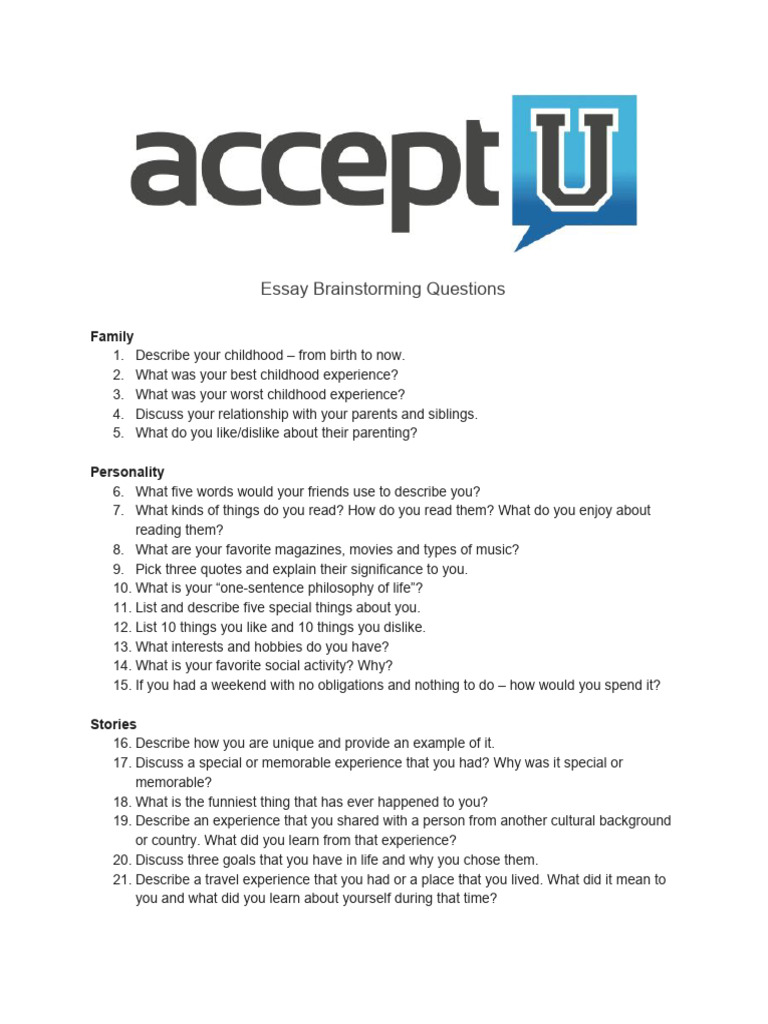 Essay Brainstorming Questions | PDF | Experience | Social Psychology