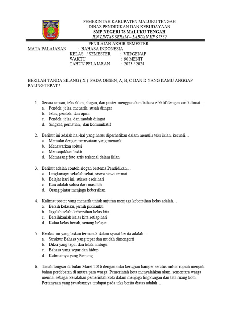 Soal Pas Bindo 2024 | PDF