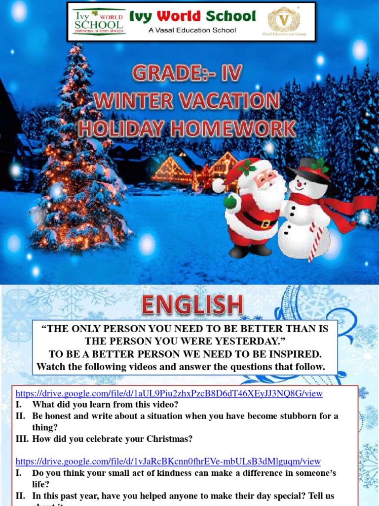 Winter Holidays Homework Grade Iv 20222023 | PDF
