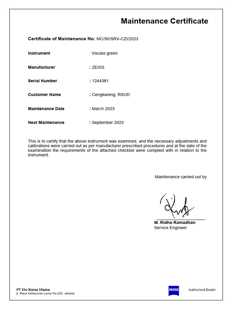 ZEISS Instrument Maintenance Certificate | PDF | Technology & Engineering