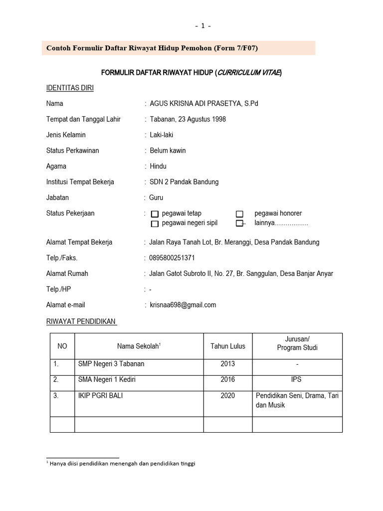 Formulir_Daftar_Riwayat_Hidup_Pemohon_0 | PDF