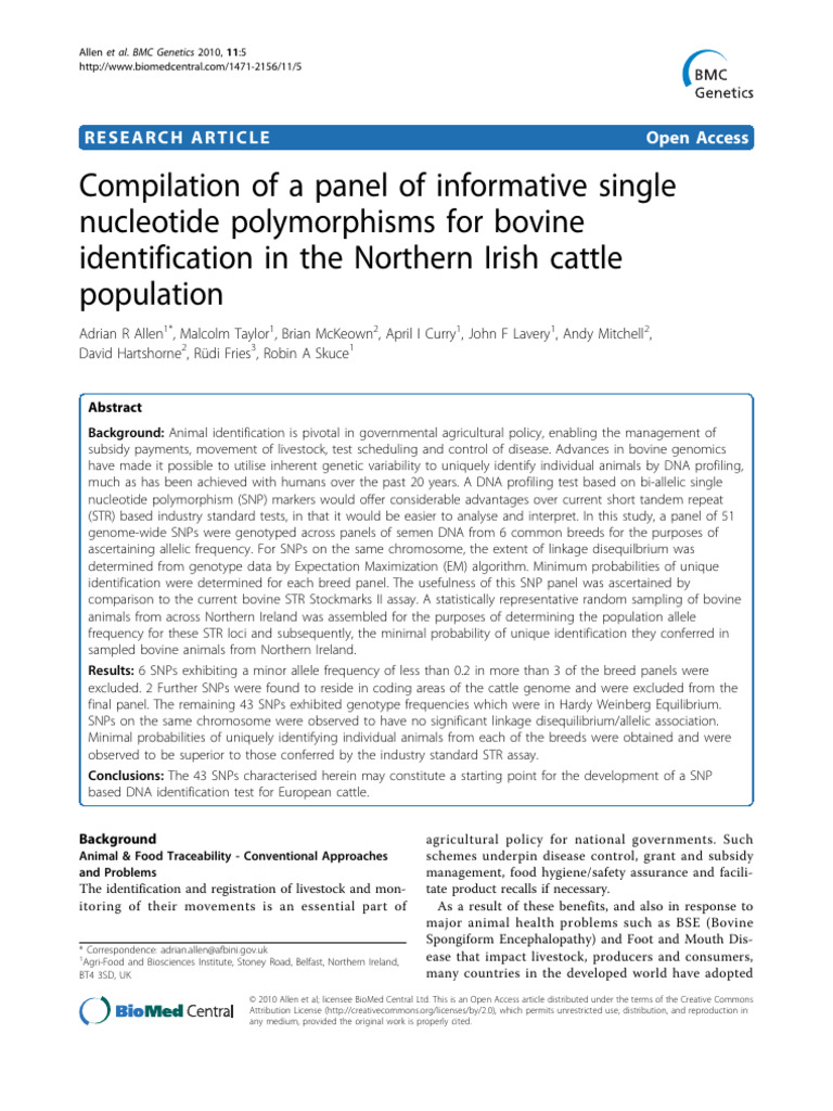 Compilation of a panel of informative single nucleotide polymorphisms for bovine identification ...