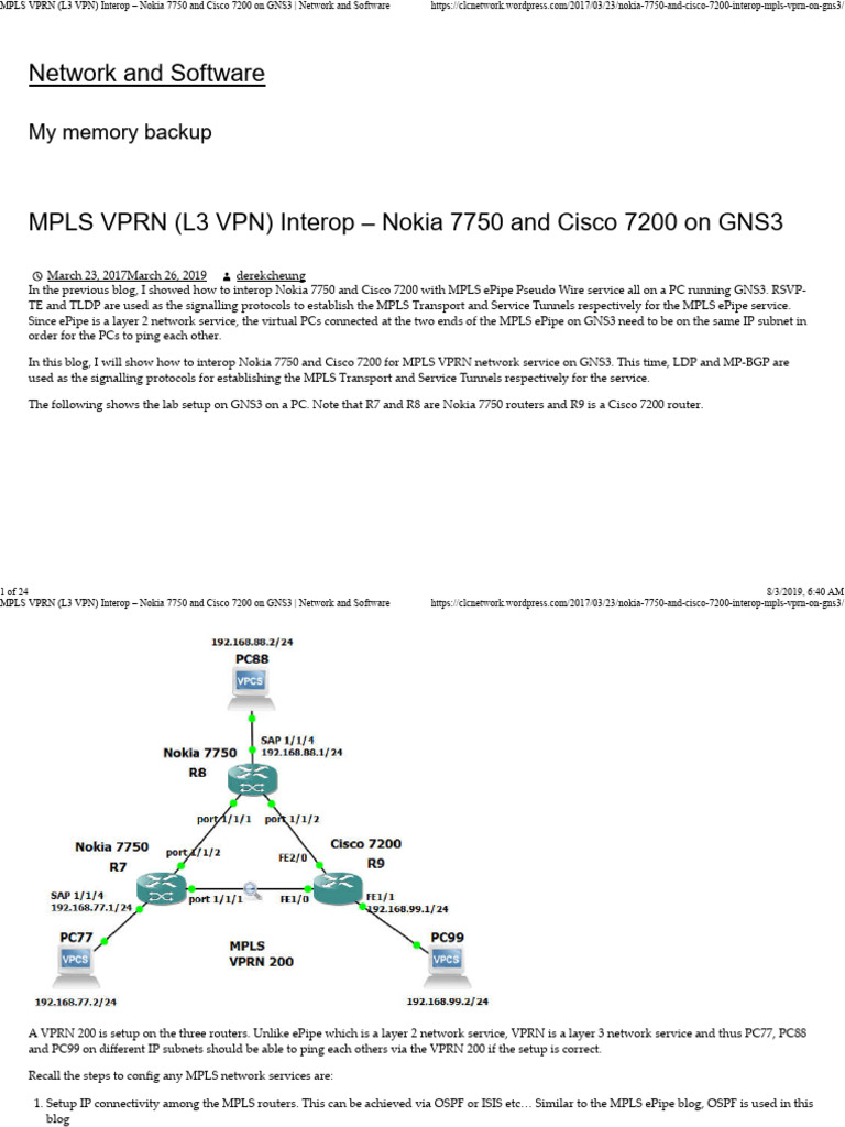 MPLS VPRN (L3 VPN) Interop - Nokia 7750 and Cisco 7200 On GNS3 - Network and Software | PDF ...