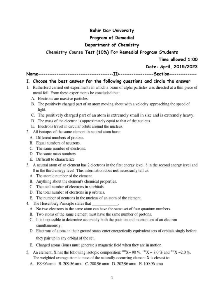 Chemistry Remedial Test 1 2015 | PDF | Electron | Atoms Chemistry Remedial Test 1 2015 | PDF | Electron | Atoms