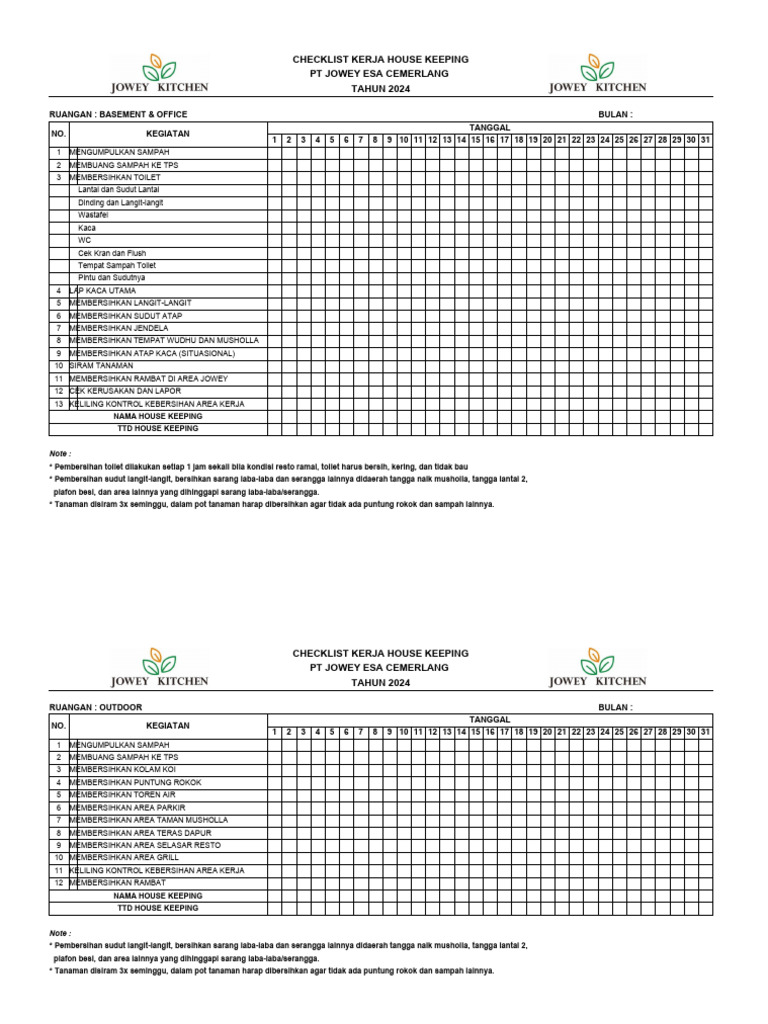 Checklist Kerja Housekeeping 2024 | PDF