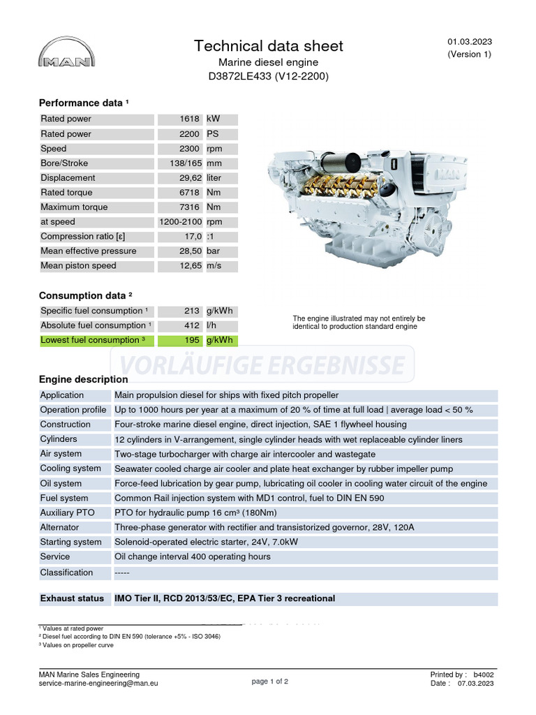 MAN D3872LE433 Engine Datasheet | PDF | Diesel Engine | Horsepower