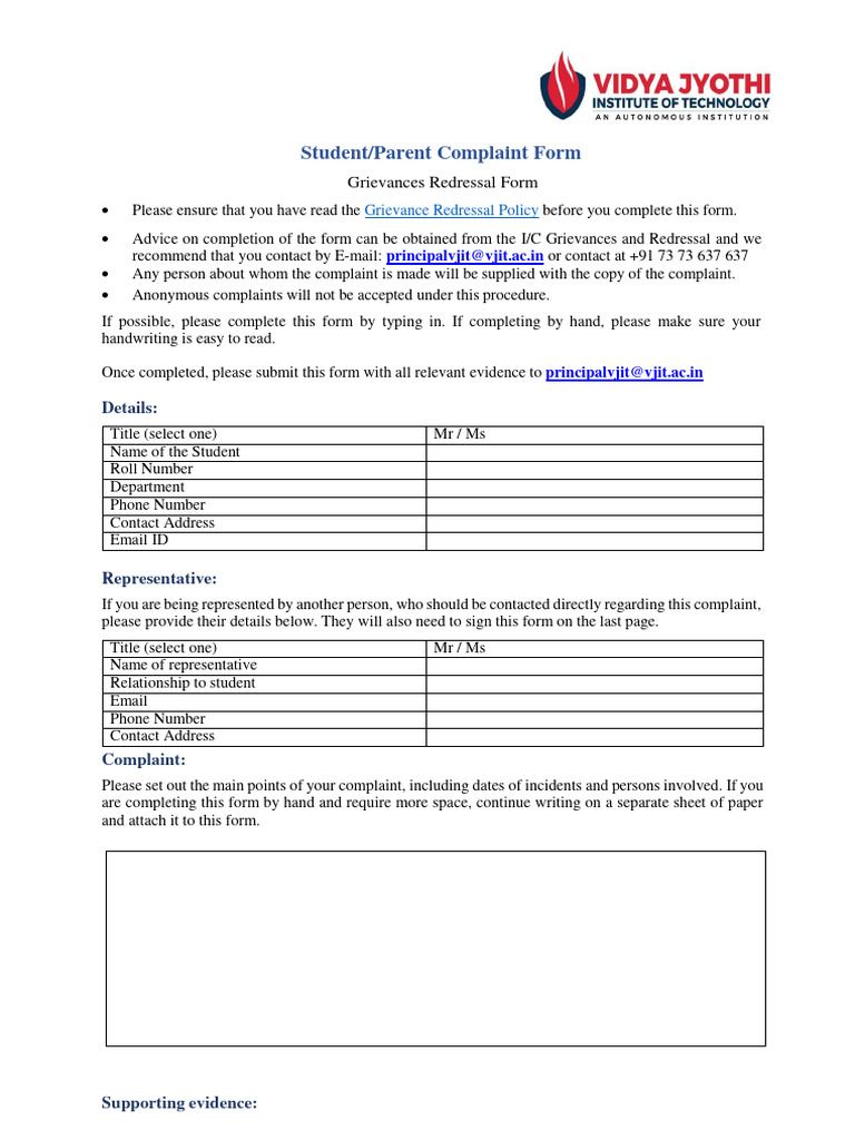 StudentParent Complaint Form | PDF | Complaint | Signature