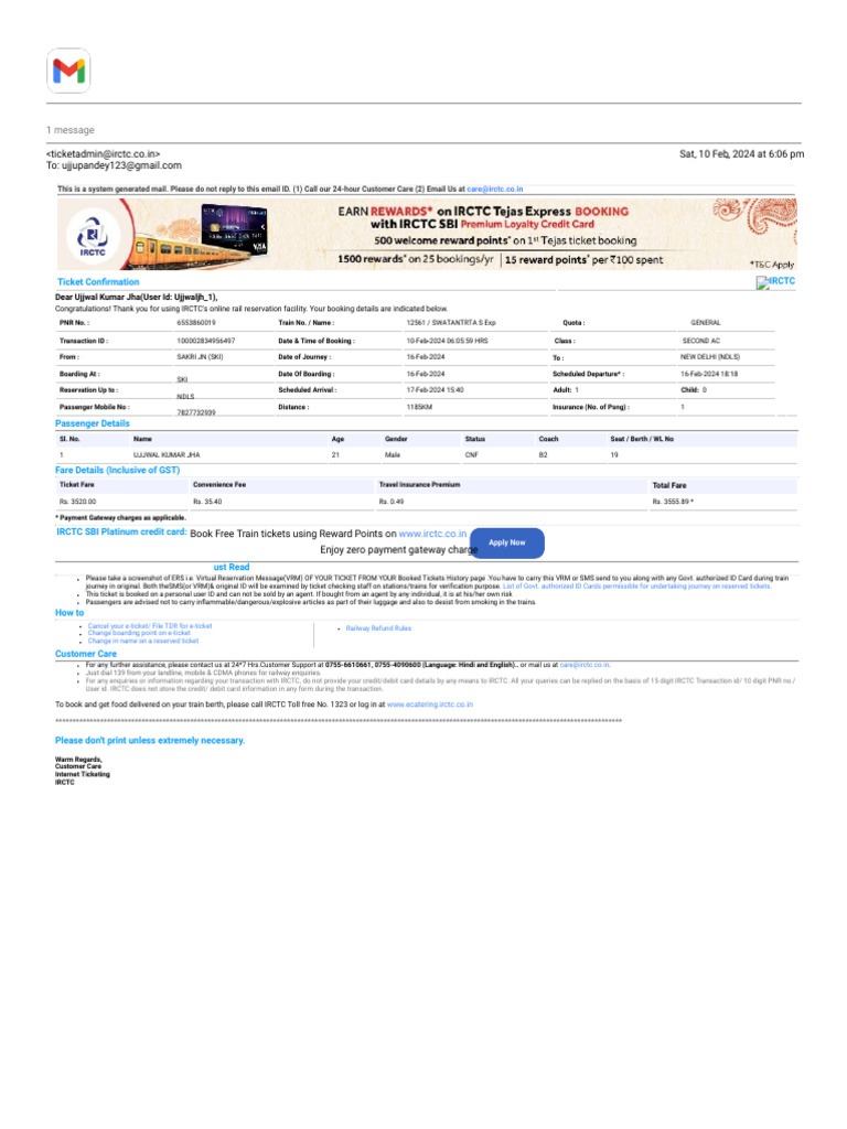 Train E-ticket 1 | Download Free PDF | Payments | Banking Technology