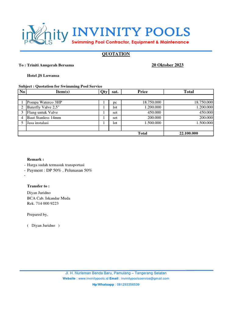 Hotel Pool Service Quotation | PDF