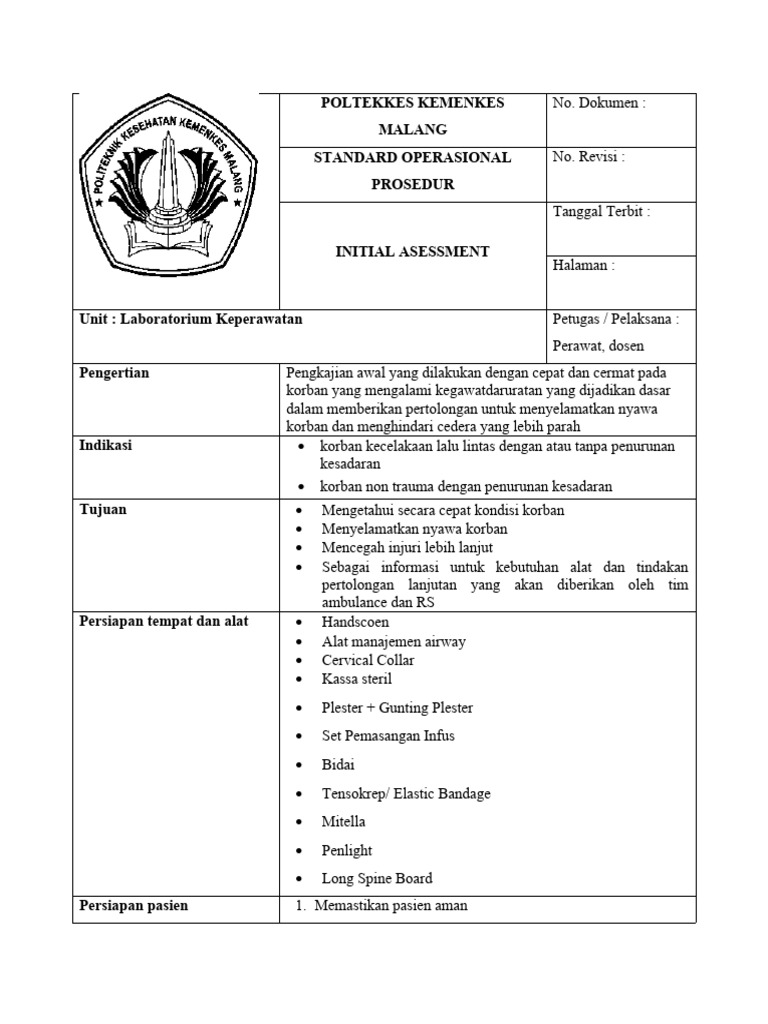 Sop Initial Asessment | PDF | Kesehatan Holistik | Sains & Matematika
