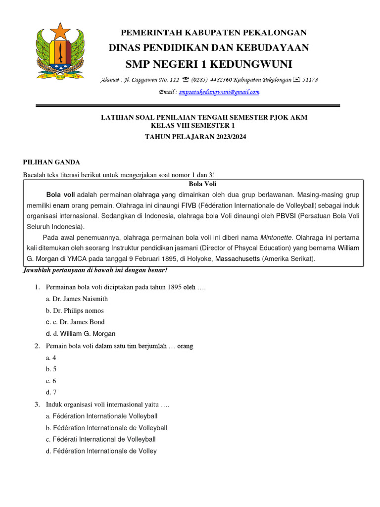 Latihan Soal Pts Akm Pjok Kelas 8 SMT 1 | PDF