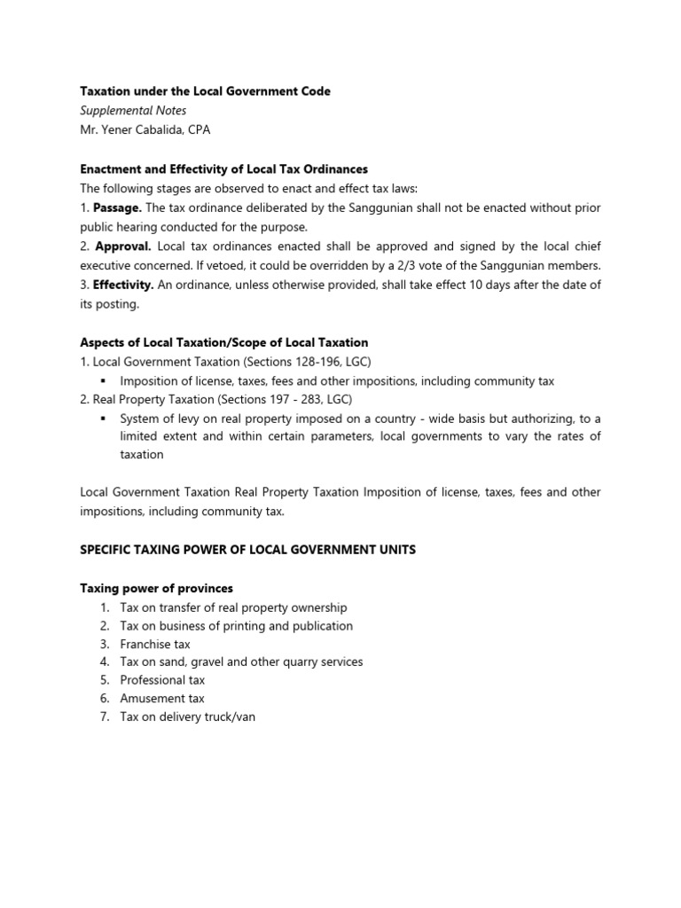 Supplemental Notes On Local Government Taxation | PDF | Taxes ...