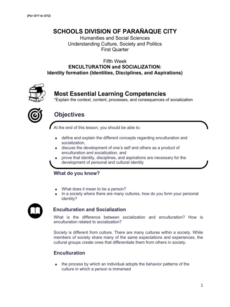 UCSP Grade11 Quarter1 Module Week5 | PDF | Socialization | Identity ...