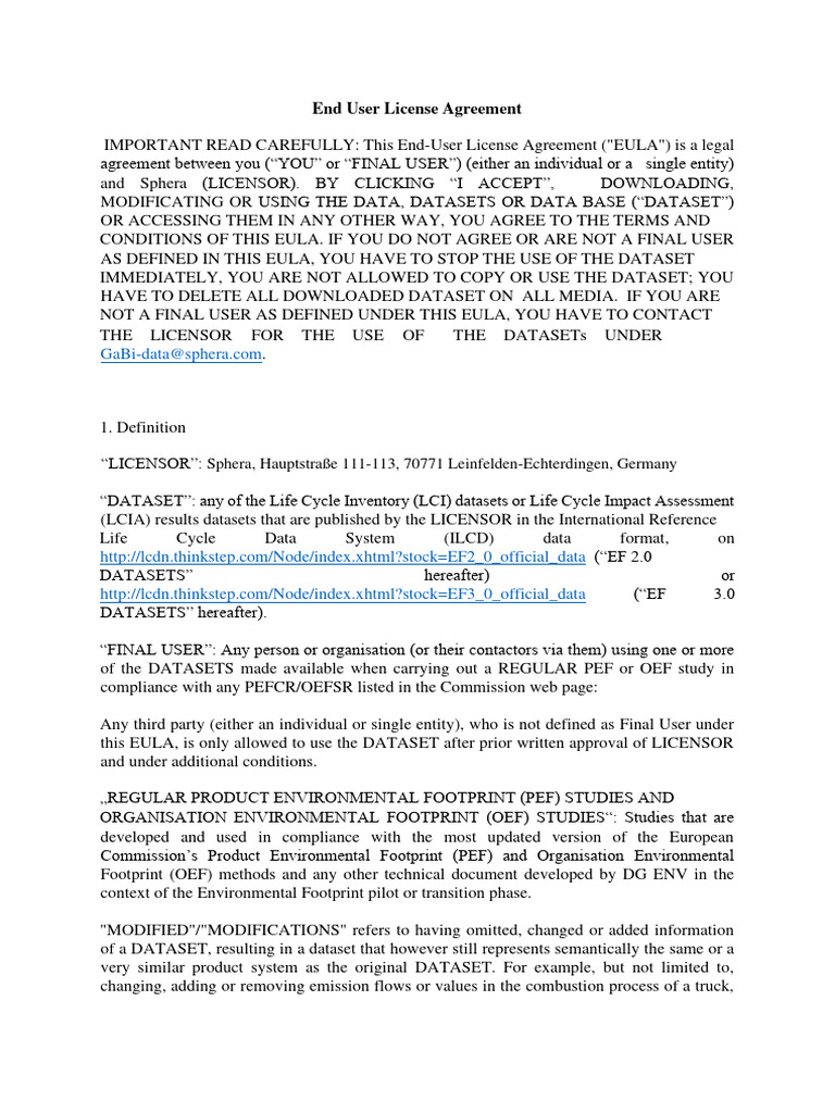 EULA European Commission - Use of Thinkstep LCI Data | PDF | License ...