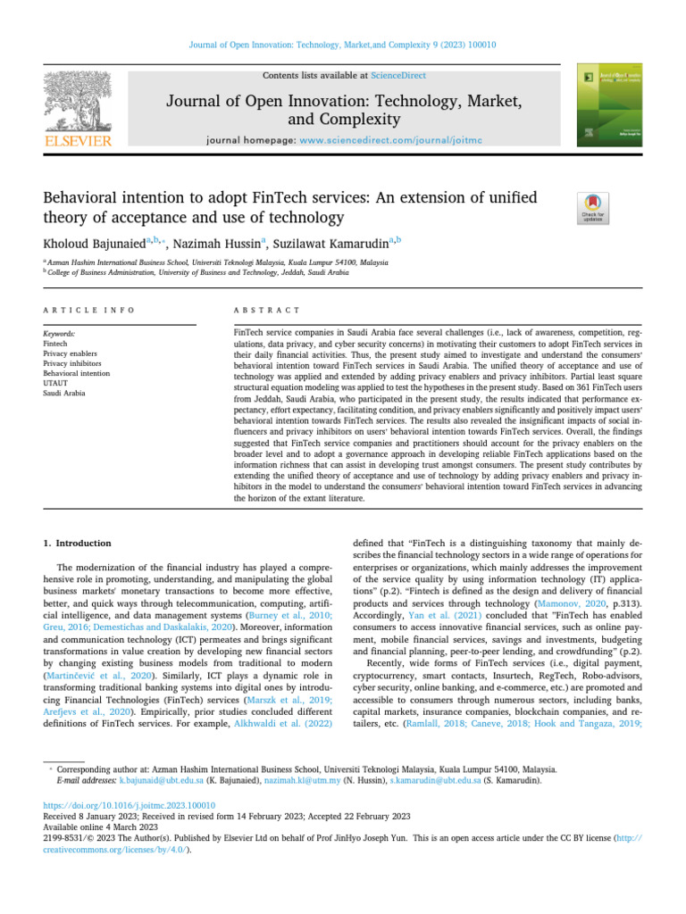 Behavioral Intention To Adopt FinTech Services: An Extension of Unified ...
