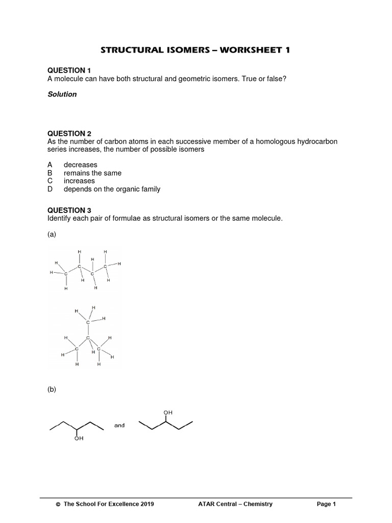 W = VCE-2019-Chemistry-Year-12-Structural-Isomers-WORKSHEET-1-FINAL | PDF
