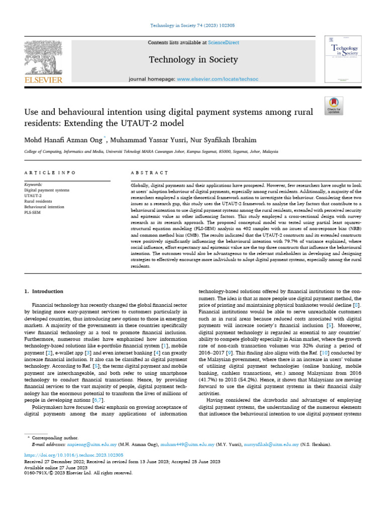 Use and Behavioural Intention Using Digital Payment Systems Among Rural Residents: Extending The ...