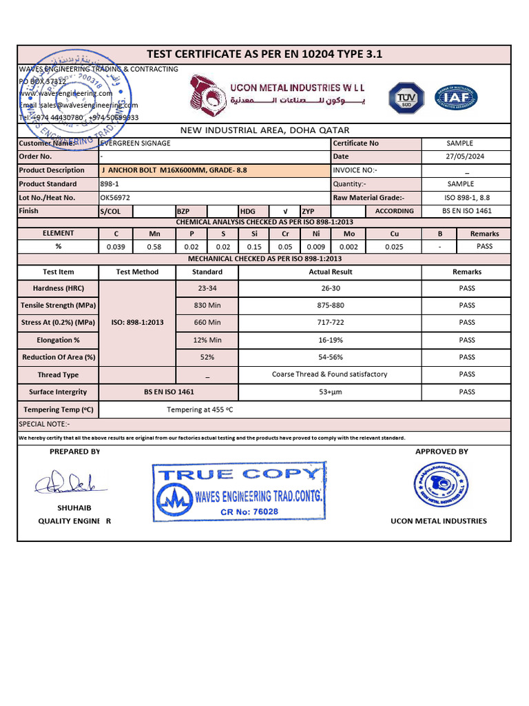 MTC-M16X600MM J Anchor Bolt GR 8.8 | PDF | Screw | Physical Sciences