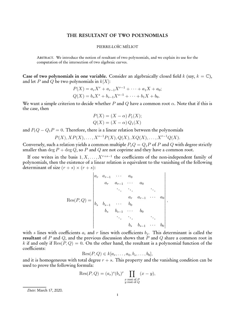 Resultant | PDF | Equations | Polynomial Resultant | PDF | Equations | Polynomial