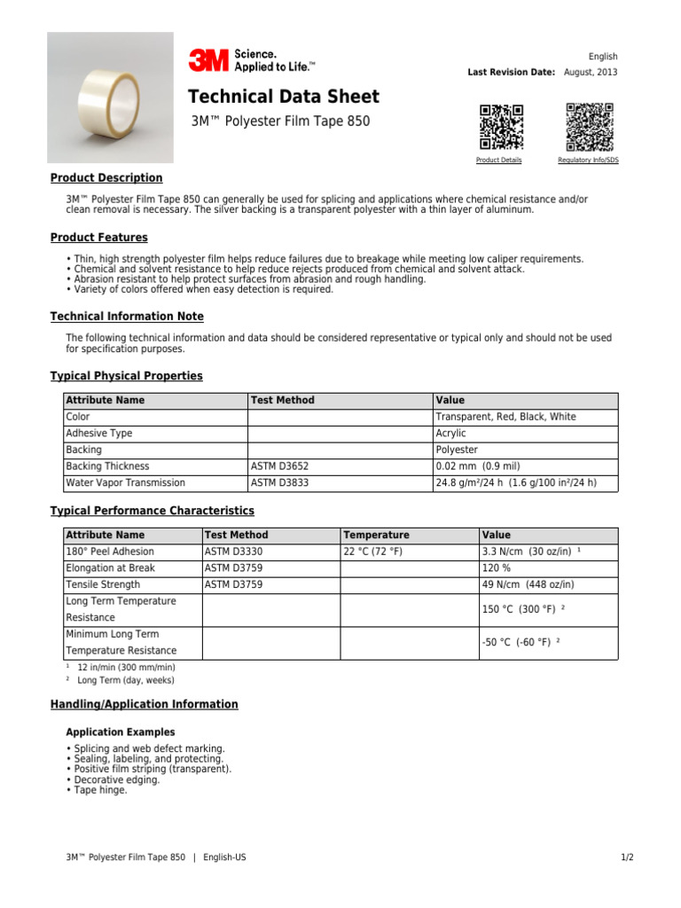 3M Polyester Film Tape 850 | PDF | Safety | Legal Remedy
