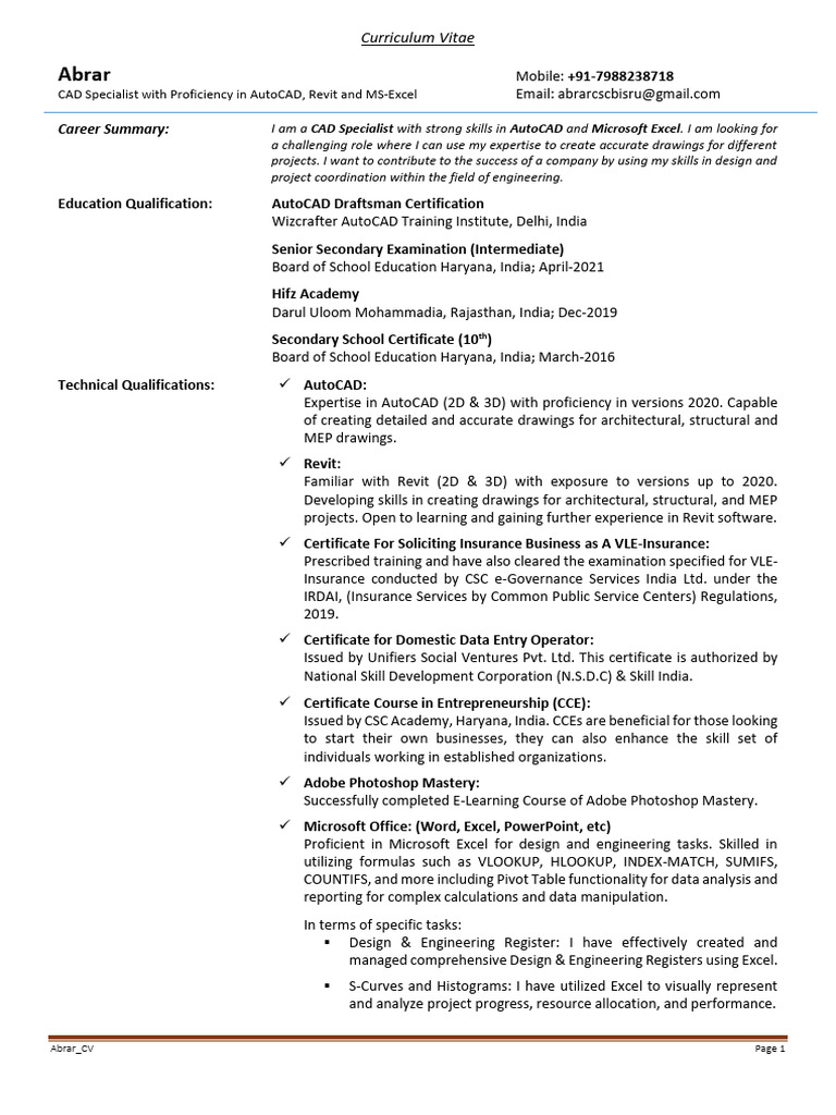 Resume MR Abrar | PDF | Microsoft Excel | Auto Cad