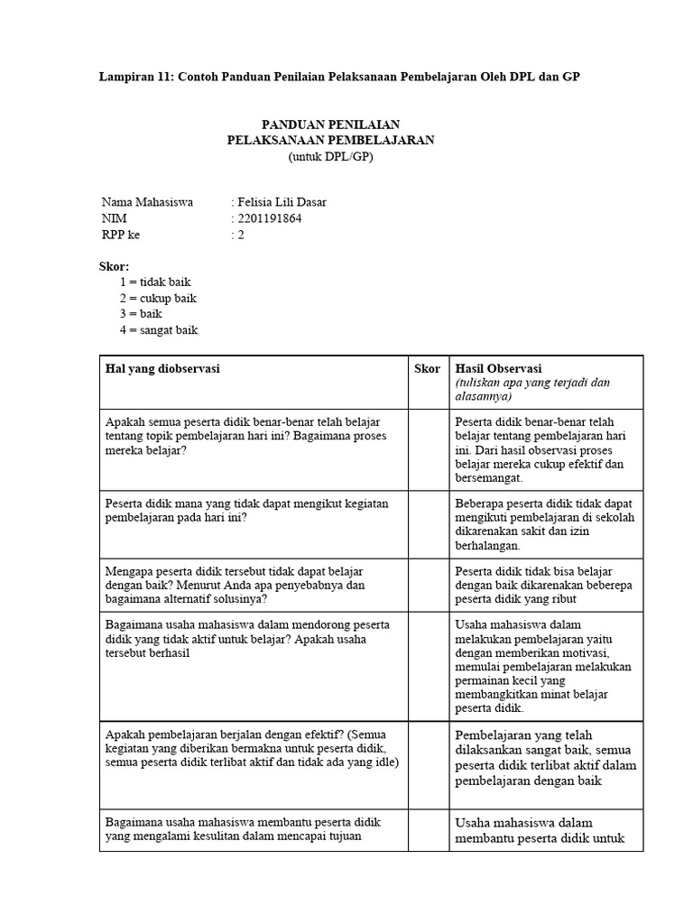 Lampiran 11 Contoh Panduan Penilaian Pelaksanaan Pembelajaran Oleh
